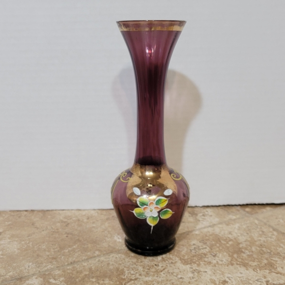 Accents | Vintage Purple Glass Vase With Gold And Handpainted Flowers ...
